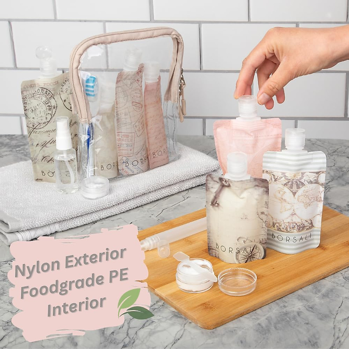 BORSALI Travel Hanging Toiletry Bag for Women with Travel Bottles and TSA Approved Clear Cosmetic, 3-1-1 Liquids Bag, Complete Toiletry Set Includes Portable Mirror, Storage Bag and Gift Box