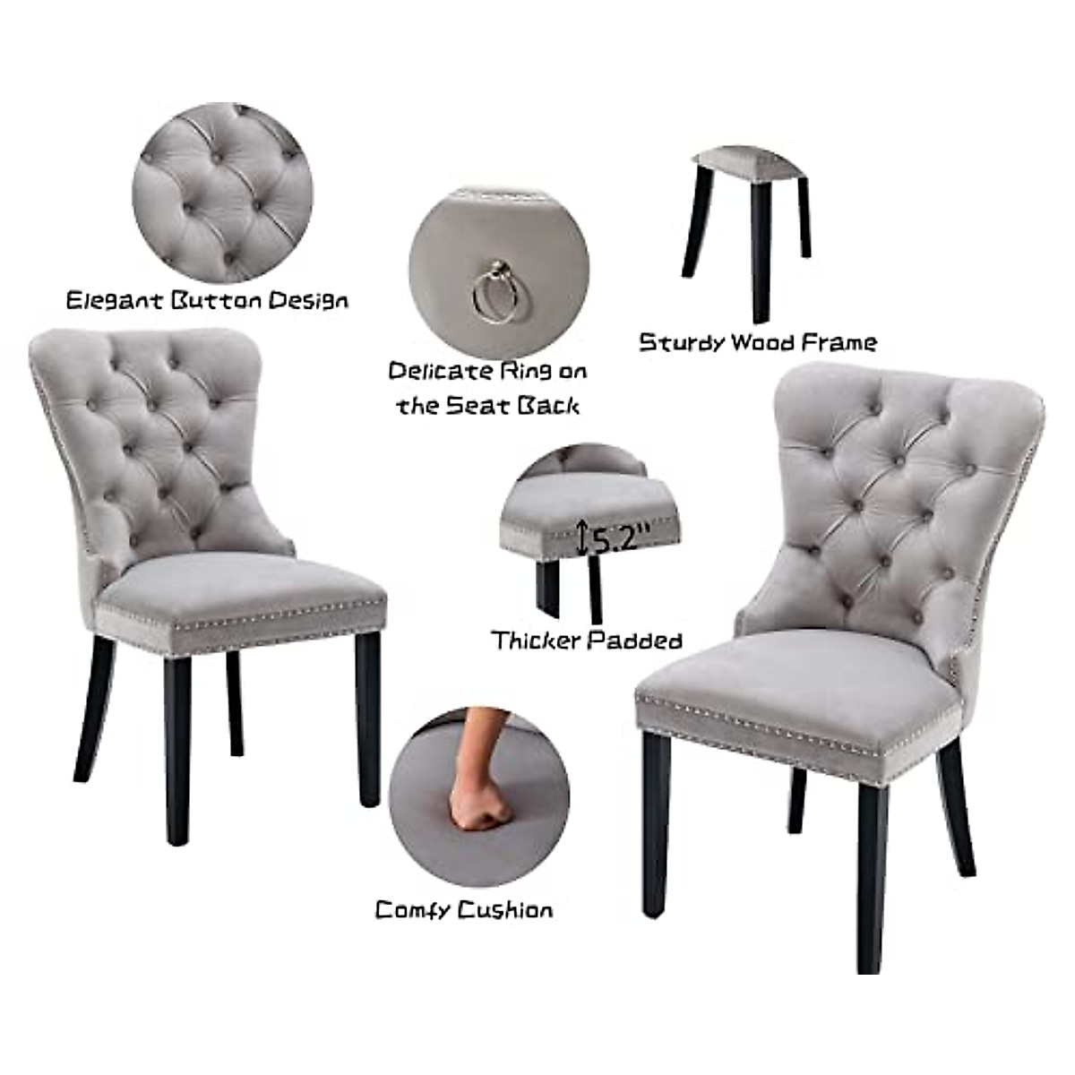 CIMOO Velvet Upholstered Dining Chairs Set of 4 Comfortable Tufted Chair Modern Armless Chairs with Button, Nailhead Trim, (Grey, Ring on The Back)
