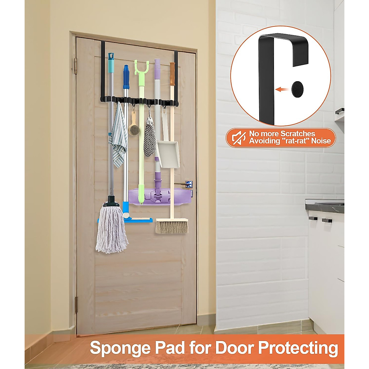 Broom Holder Over The Door Drilling Free Mop and Broom Holder with 4 Over Door Hook, Metal Mop and Broom Holder Wall Mount Broom Storage Tool Organizer for Laundry Room Garage Kitchen Bathroom