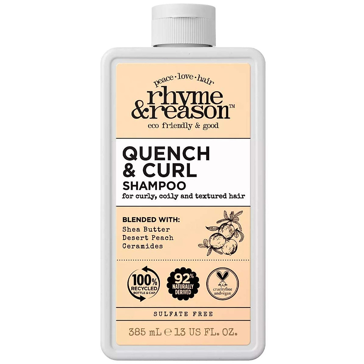 RR Hair Rhyme & Reason Quench and Curl Shampoo Conditioner Set. 13 Fl Oz Bottles. For Curly, Coily, Textured Hair. Blended with Shea Butter, Desert Peach Ceramides. Vegan, Sulfate Cruelty Free.