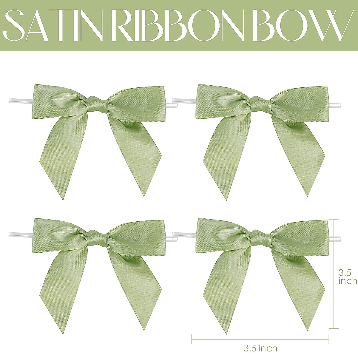 AIMUDI Sage Green Satin Ribbon Twist Tie Bows 3.5" Pretied Bows Premade Bows for Treat Bags Crafts Gift Wrapping Basket Wedding Favors Cookie Candy Bagging Cake Pop Bridal Shower - 50 Counts