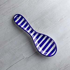Handmade Dark Navy Blue Stripe Ceramic Kitchen Cooking Spoon Rest | Pottery Utensil Holder | Housewarming Gift by City to Cottage®
