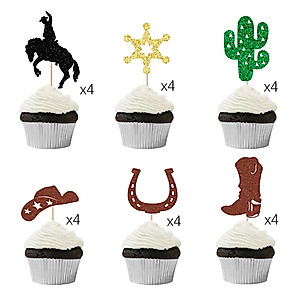 AROKIPPRY 24 PCS Cowboy Cupcake Toppers Glitter HorseShoe Cowboy Hats Boots Cupcake Picks Western Theme Baby Shower Birthday Party Cake Decorations Supplies (24 PCS)