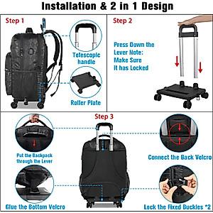 Rolling Backpack, Waterproof Travel Backpack with Wheels for Men Women Adults, 17 Inch Wheeled Roller Bag with USB Charging Port, Carry on Luggage Laptop Backpack for Business College School, Black