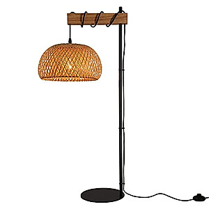 SUNLLOK Boho Rattan Floor Lamp with Foot Switch, Industrial Bamboo Semicircle Lampshade Standing Lamp, Modern Black Woven Tall Floor Light for Living Room, Kitchen Island, Bedroom, Office Restaurant