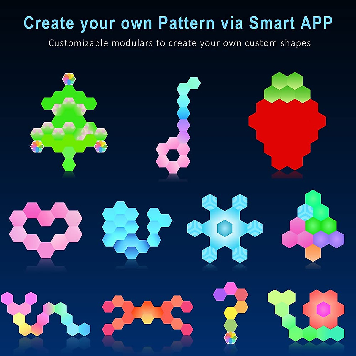 WOINO LED Hexagon Wall Lights,7 Pack KIT,APP One Second Connection,Smart Hexagon Lights,Party Light,Music&Voice Rhythm,Xmas Home Decor,DIY RGB Night Light,Birthday Gift,Countertop Light