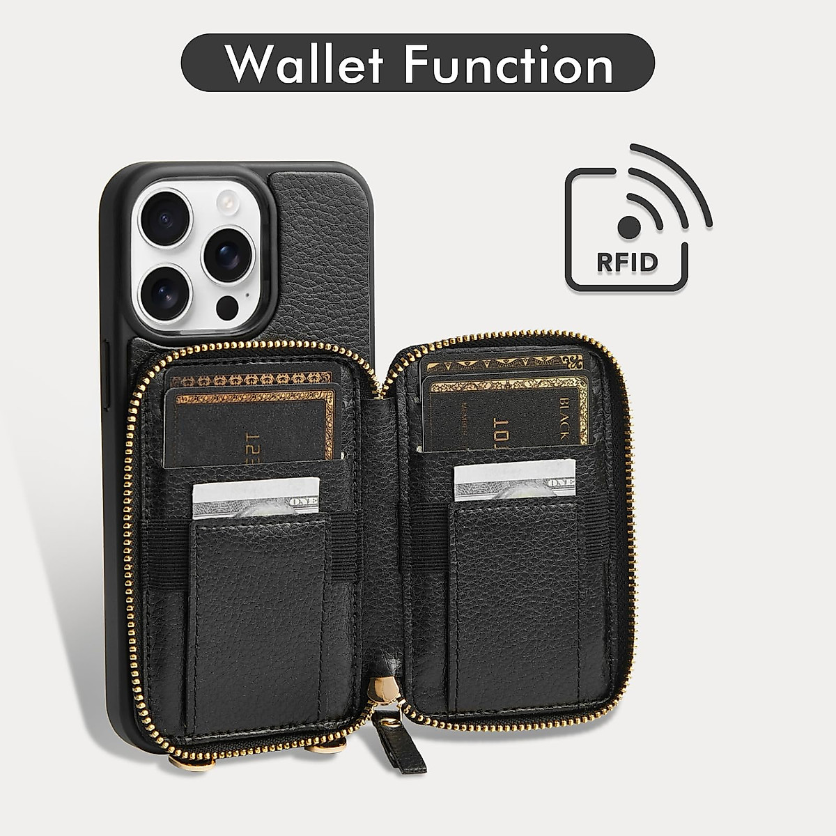 ZVE for iPhone 15 Pro Max Wallet Case Crossbody, Card Holder Phone Purse for Women, RFID Blocking Zipper Leather Cover with Wrist Strap for iPhone 15 Pro Max (6.7 inch)- Black