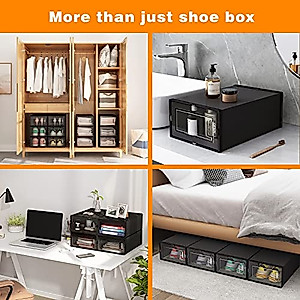 Fixwal Clear Shoe Storage Boxes Stackable, 12 Pack Large Shoe Storage Box with Front Opening Lids, Shoe Container Boxes for Closet Bedroom Bathroom, 13.1 x 9 x 5.5 Inches, Black