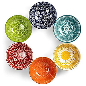 Annovero Cereal Bowls - Set of 6 Dinnerware for Ice Cream, Fruit, Ramen, Cereal, Soup, Colorful Stoneware Dishes for Kitchen, Microwave and Oven Safe, 6.25 Inch Diameter