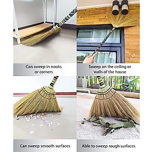 Natural Grass Thai Broom Indoor Outdoor, Vintage Retro Embroidered Woven Nylon,Handmade Broom,Housewarming Gift Witch Broom, Broomstick Bamboo Stick Handle,Kong Grass Broom,Durable Broom(Black)