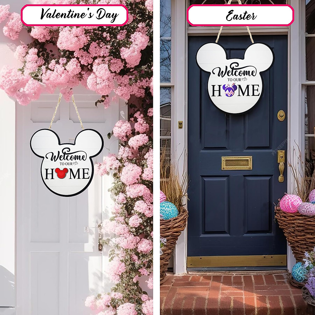 Cute Mouse Interchangeable Welcome Sign for Front Door 16pcs Seasonal Welcome to Our Home Wooden Hanging Sign Farmhouse Porch Plaques for Halloween Christmas Wall Home Decor Gifts