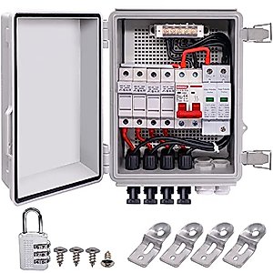 Taiss 4 String PV Combiner Box Solar Combiner Box with 63A Circuit Breaker and 15A Rated Current Fuse & Lightning Arreste Solar Connectors,IP65 Waterproof for On/Off Grid Solar Panel System