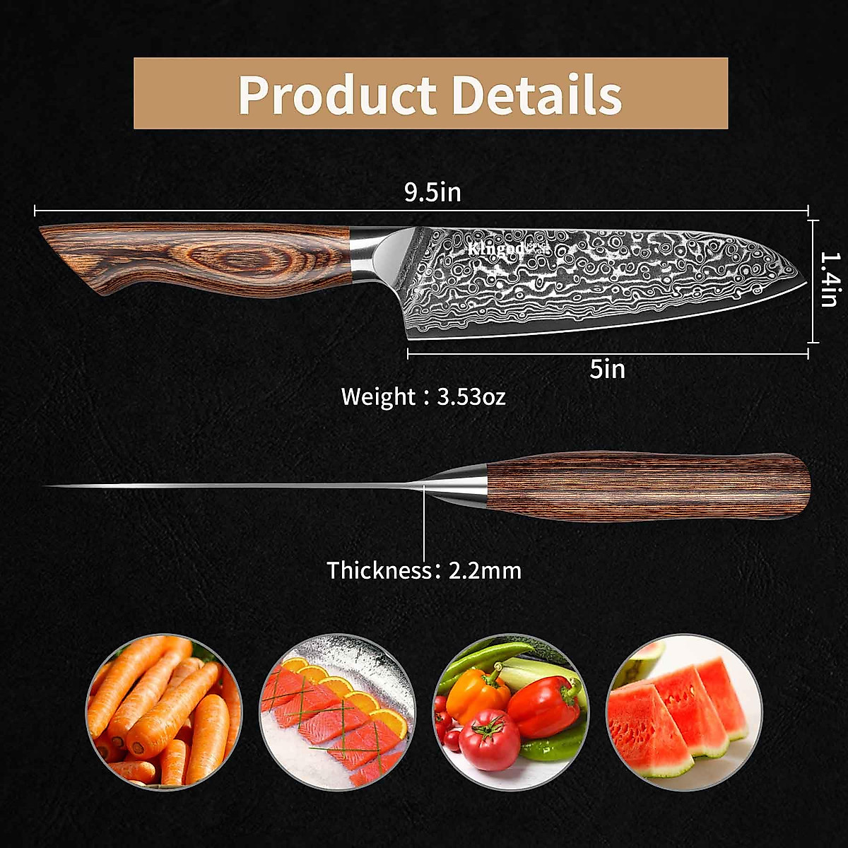 KINGOD 5 Inch Santoku Knife - Japanese VG10 Steel Core - Ultra Sharp Blade - Ergonomic Wooden Handle - Kitchen Essentials