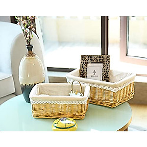 Handmade Wicker Storage Baskets Set, Shelf Baskets Woven Decorative Storage Bins Baskets Organizing Baskets, Nesting Baskets with Linings for Home (Natural)