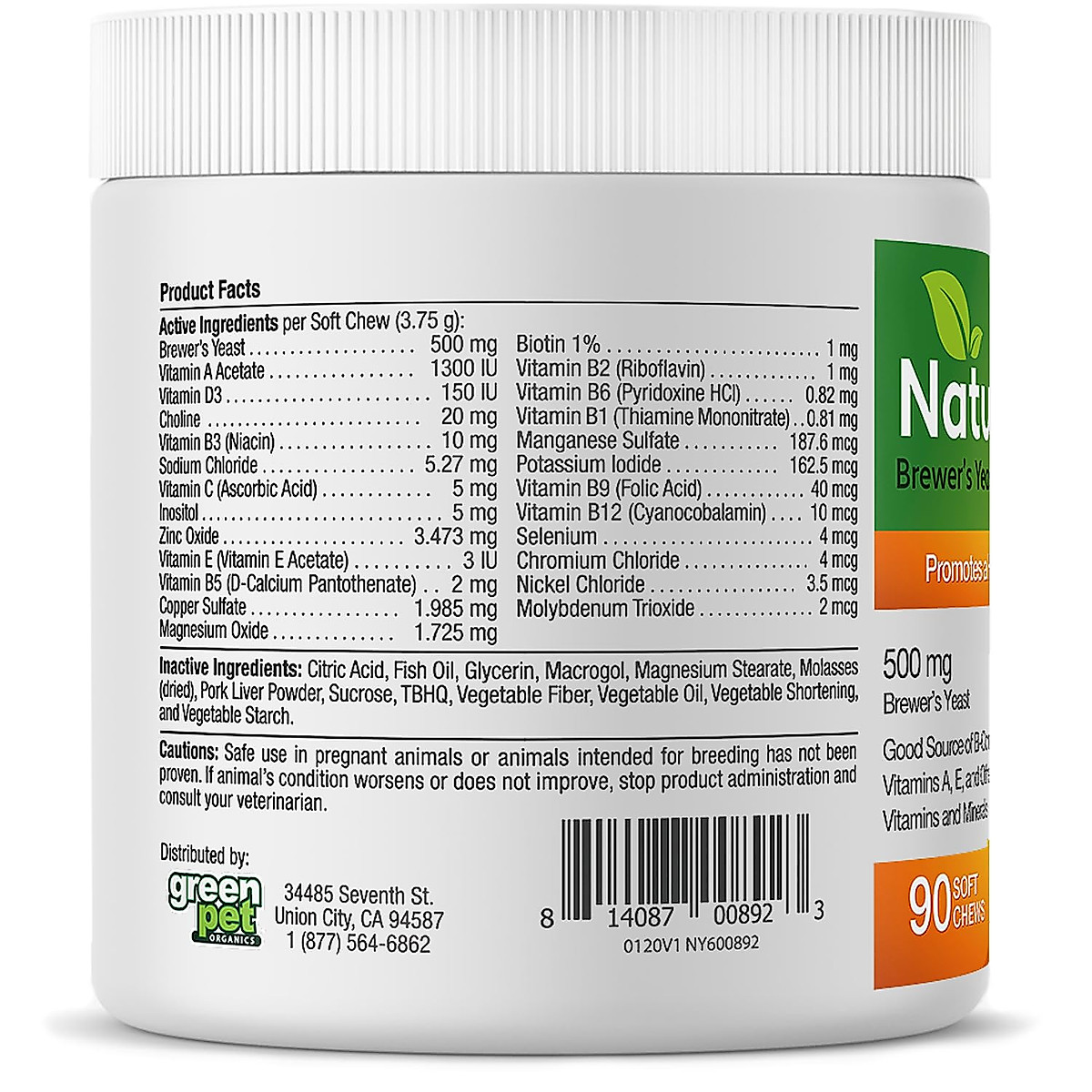 Green Pets Organics Natur-Yeast Brewer's Yeast for Dogs and Cats - Supports Immune System & Digestion, Promotes Healthy Skin & A Glossy Coat, 90 Soft Chews