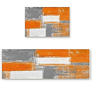 Thanksgiving Kitchen Rugs Sets 2 Piece Floor Mats Burnt Orange and Grey Modern Art Artwork Doormat Non-Slip Rubber Backing Area Rugs Carpet Inside Door Mat Pad Sets-19.7" x 31.5"+19.7" x 47.2"