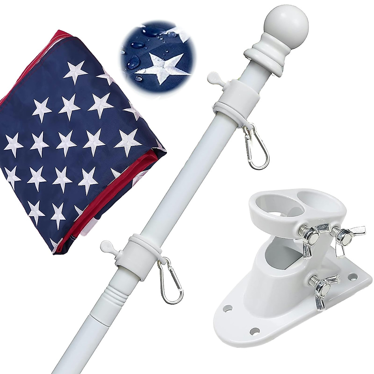 LAKEROD Flag Pole Kit with 3x5 American Flag Outdoor - 5ft Tangle Free Metal Flagpole with Holder Bracket & Embroidered US Flags - Heavy Duty for Outside House Porch Garage Boat Truck Jeep - White