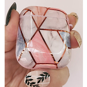 Qokey Compatible with Airpods Case,Bling Marble Soft Silicone Case Cover Wireless Charging Case Portable & Shockproof Women Girls Men with Carabiner Protective Case for AirPods 1 & 2,Rose Gold Marble