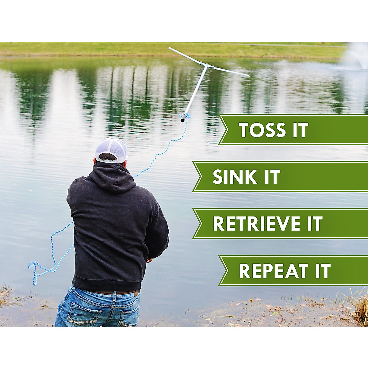 Crystal Blue Pond & Lake Weed Cutter - 42 inch Wide Cutting Path, Includes 20 Foot Rope, Blade Sharpener & Safety Gloves - Remove Common Pond Weeds, Chara, Lilly Pads, Small Leaf & More