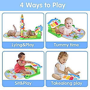 Baby Gym Play Mats with Kick And Play Piano Gym Mat, Baby Jungle Gym Activity Mat with 5 Colorful Infant Toys, Activity Center with Lights Music Mirror for Tummy Time Shower Gifts Baby Toys 3-6 Months