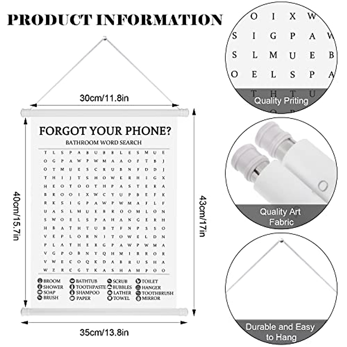 Gersoniel Bathroom Word Search Sign Funny Farmhouse Wall Art Decor Forgot Your Phone Puzzles Hanging Print Poster Fun Decorations for Bathroom, 12 x 16 inches, white