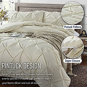 Tyfitb Pinch Pleat Duvet Cover King Size Beige Oversized Duvet Cover Set 3 Piece Floral Pintuck Bedding Set with Zipper Closure