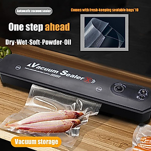 Automatic Vacuum, Household Kitchen Food Preservation, One-Click Operate, for Sous and Food Storage, Dry/Wet/Soft/Oil/Powder Universal, with 10 Vacuum Bags (Matt black)