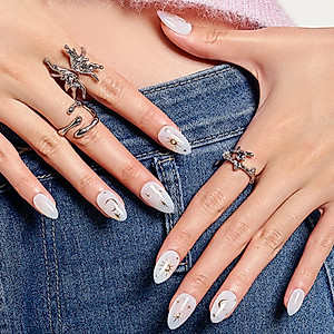GLAMERMAID White Press On Nails Short Almond, 3D Gothic Handmade Soft Jelly Gel Fake Nails with Golden Star Blossom Design, Round Oval Stick Glue on Nail Kit for Women, Reusable Acrylic False Nail Set
