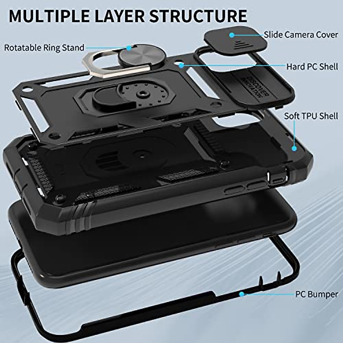 BOBOM [4 in 1 Armor Case for iPhone 11 Case with Screen Protector 2 Pack, Military-Grade Protective Case iPhone 11 with Camera Cover for Men Women, Built-in 360° Rotate Ring Stand Magnetic, Black