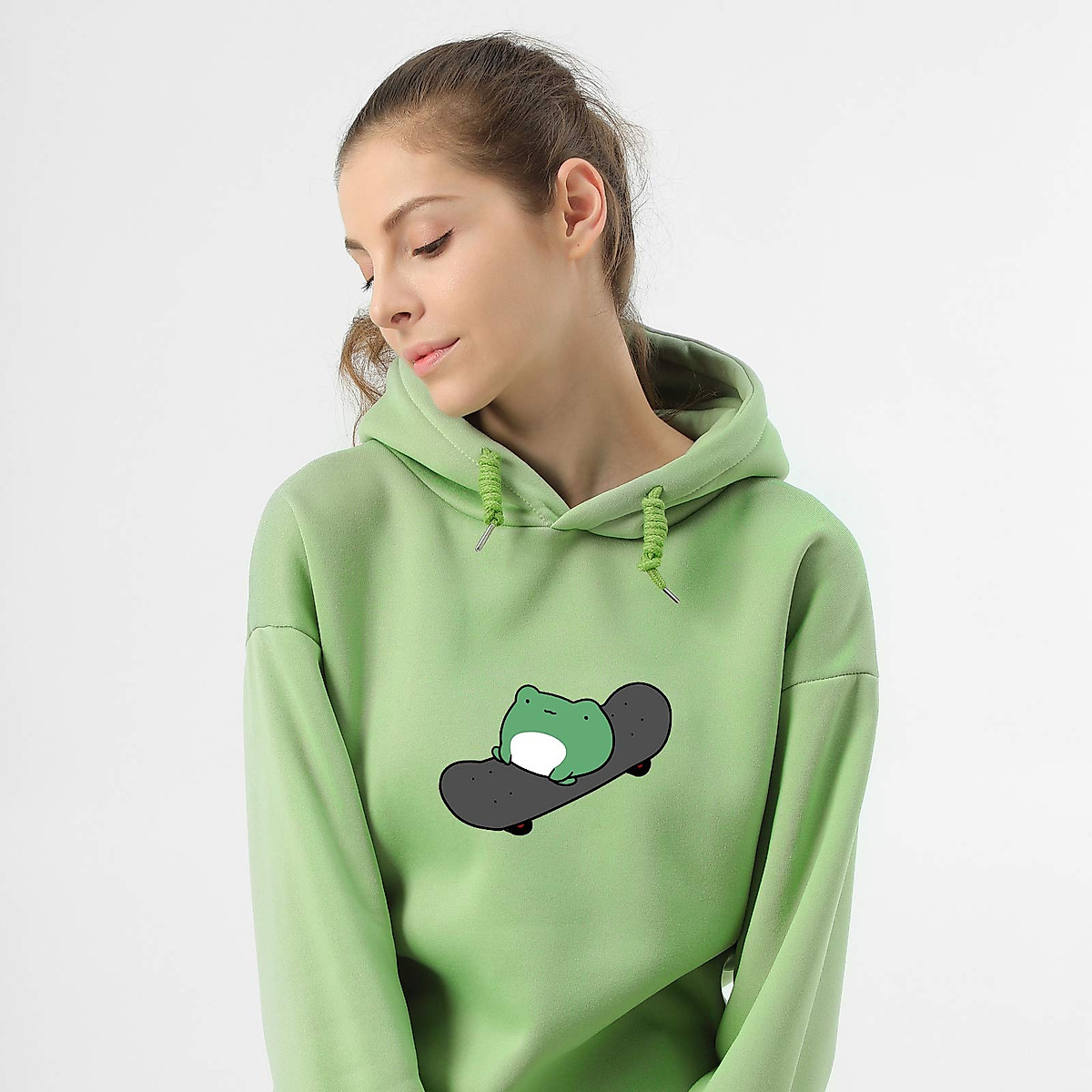 KEEVICI Women's Cute Sweatshirts Frog Skateboard Long Sleeve Casual Hoodie Pullover Tops (Green,Asian L)