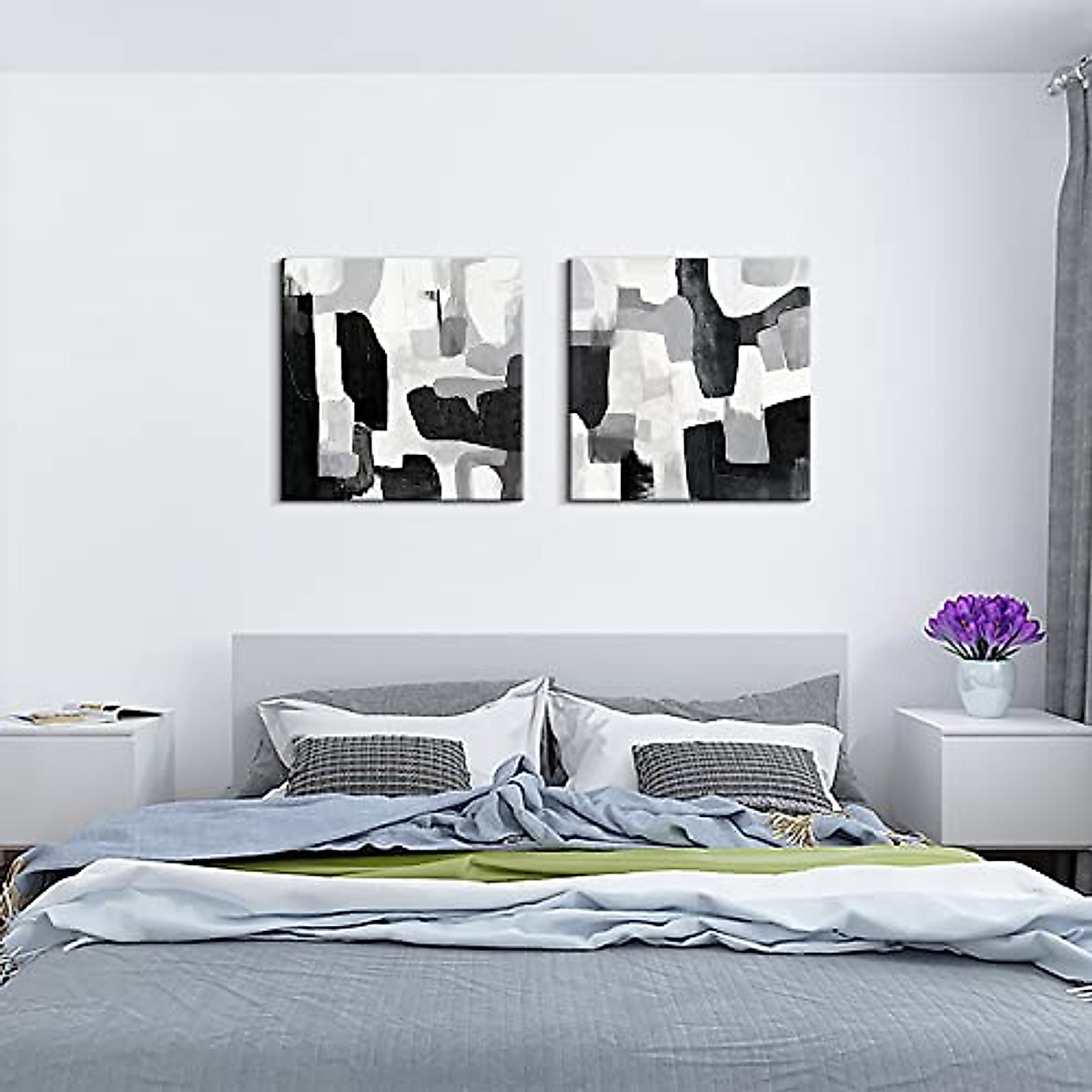 Pigort Black and White Abstract Hand-Painted Wall Art Decor - 2 Piece Set, Grey Decorative Framed Black & White Abstract Canvas Art for Living Room, Bedroom, Office Home Decor & Gift 24x24Inch