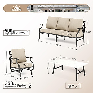 SUNSHINE VALLEY Patio Furniture Set, 4 Piece Modern Metal Outdoor Patio Furniture, 3 Seater Sofa, 2 Rocking Chairs, Coffee Table and 5.75" Extra Thick Cushion, Patio Conversation Set for Deck Backyard