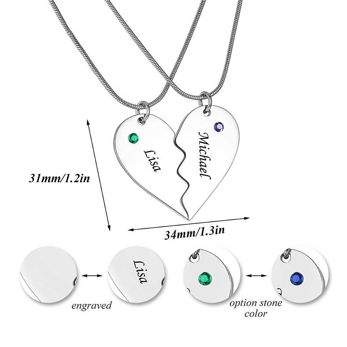 Valyria Personalized Engraved Stainless Steel Matching Heart Puzzle Pendant His and Hers Necklace Custom Couple Name Necklaces(2 Half Heart-Silver) VA002