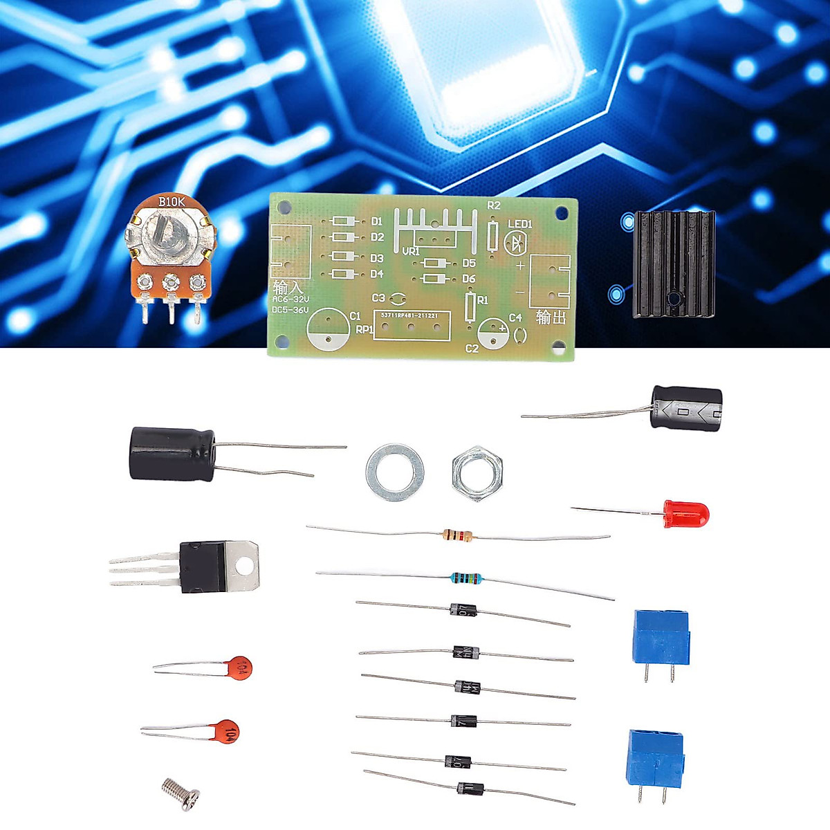 Walfront LM317 Adjustable Regulated Power Supply DIY Kit ABS Board AC/DC Input Output Rectifier Circuit Input Adjustable Voltage Set for School Education lab