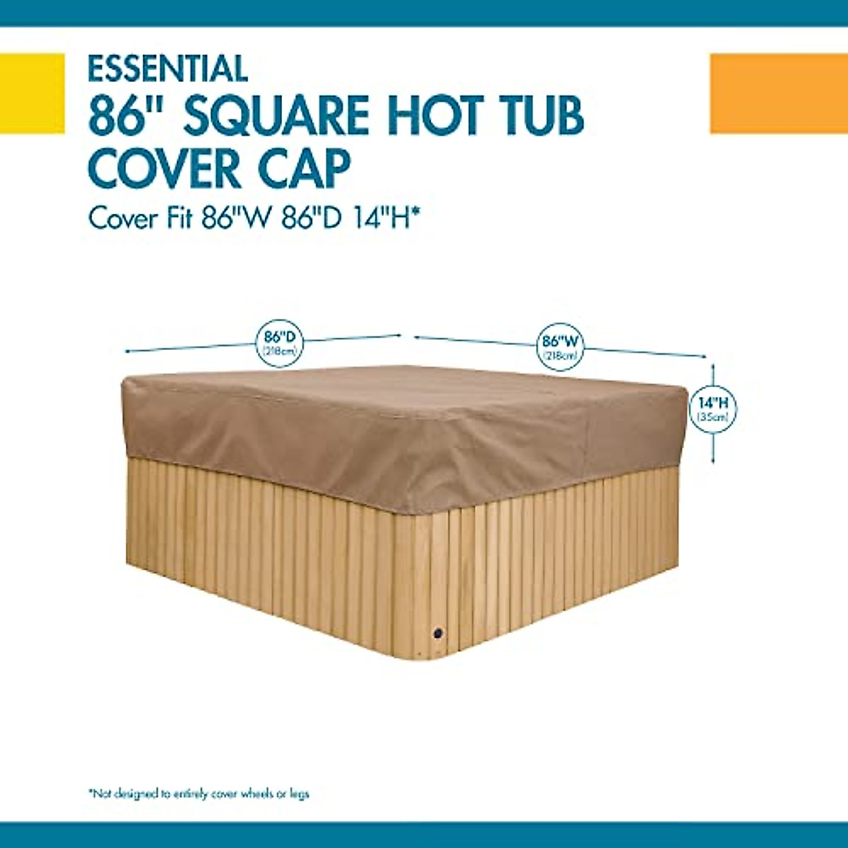 Duck Covers Essential Water-Resistant 86 Inch Square Hot Tub Cover Cap, Patio Furniture Covers
