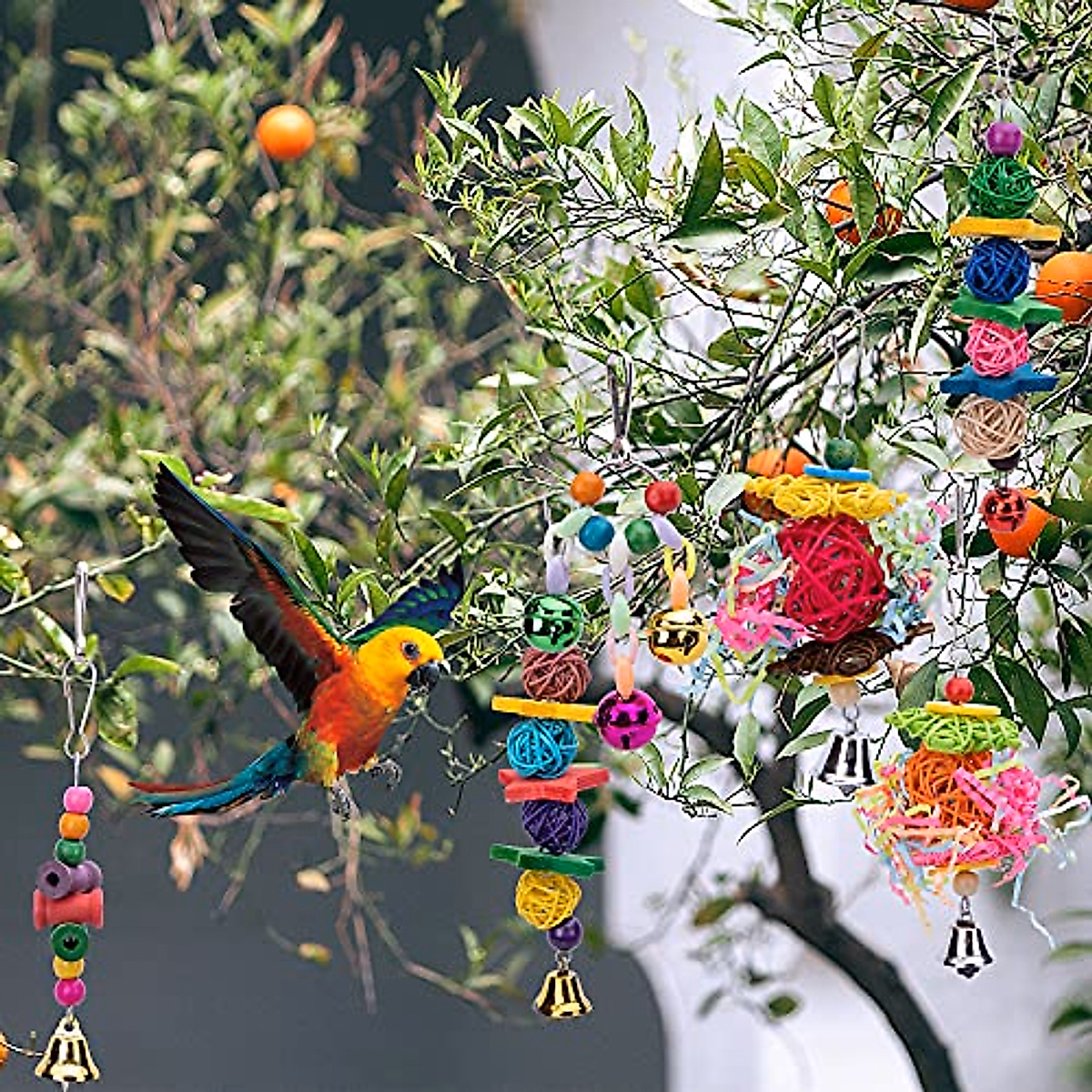 EBaokuup 10 Packs Bird Swing Chewing Toys- Parrot Hammock Bell Toys Parrot Cage Toy Bird Perch with Wood Beads Hanging for Small Parakeets, Cockatiels, Conures, Finches,Budgie,Parrots, Love Birds