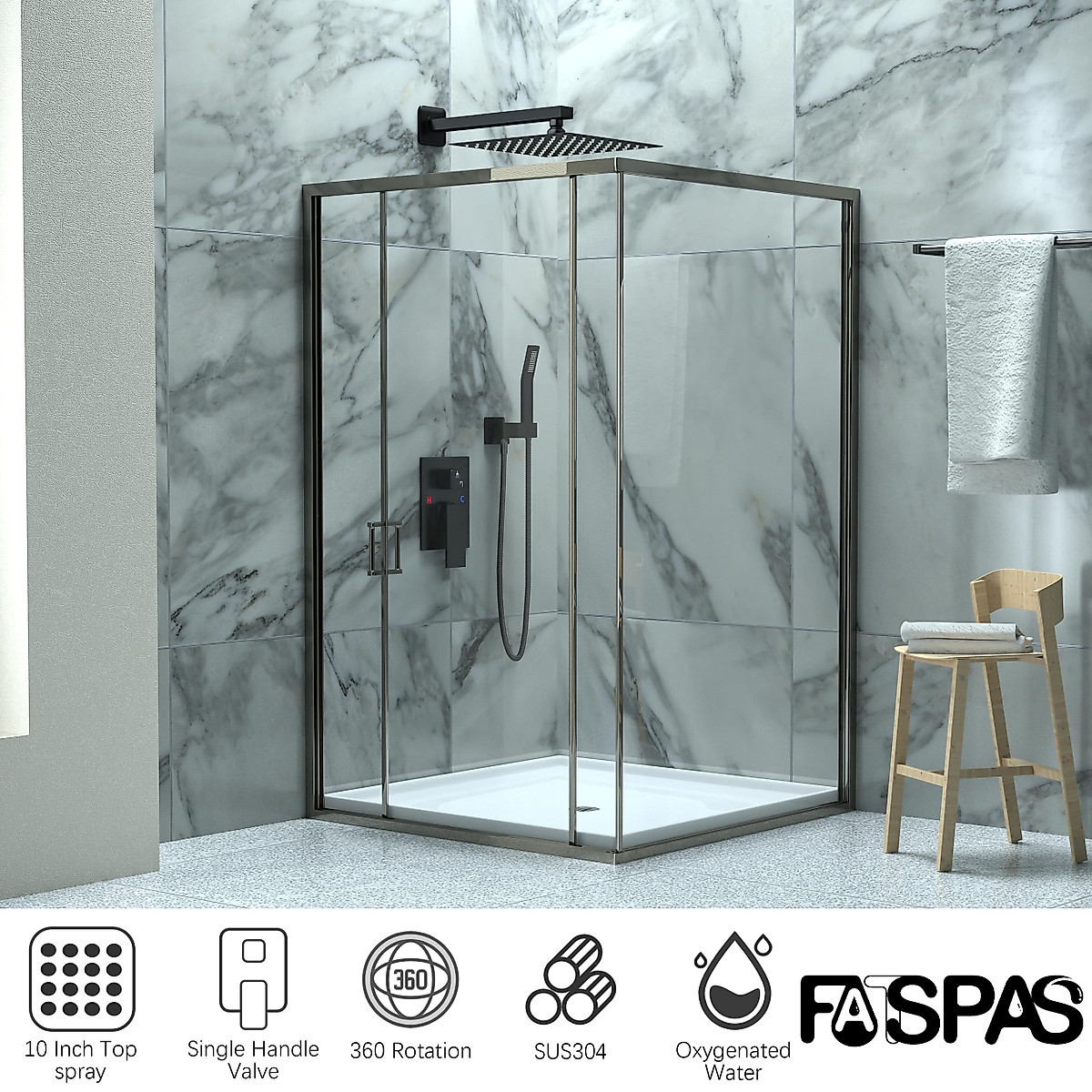 Fatspas 10 Inch Shower Faucet Set, Rainfall Shower System with Square Fixed Rain Shower Head and High Pressure Handheld Shower Head, Wall Mounted Rainfall Shower Fixtures, Matte Black