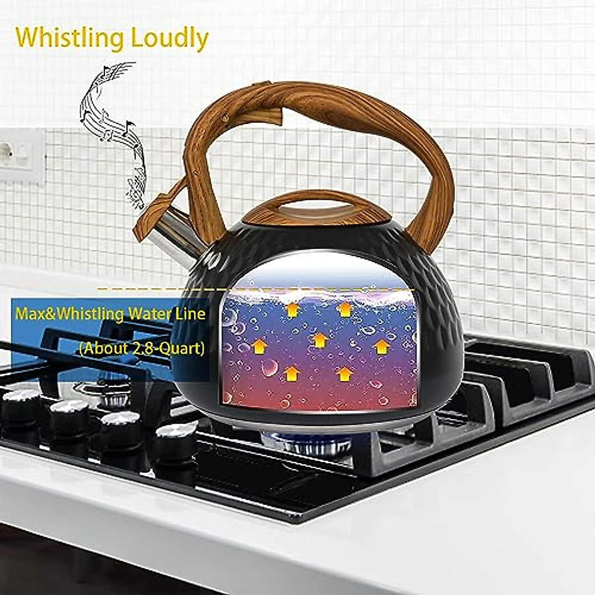 Starbbq 2.8 Qt Tea Kettle for Stovetop Whistling Teapot, Stainless Steel Tea Kettles with Wood PatternHandle and One-Touch Open and Close Button (Black）