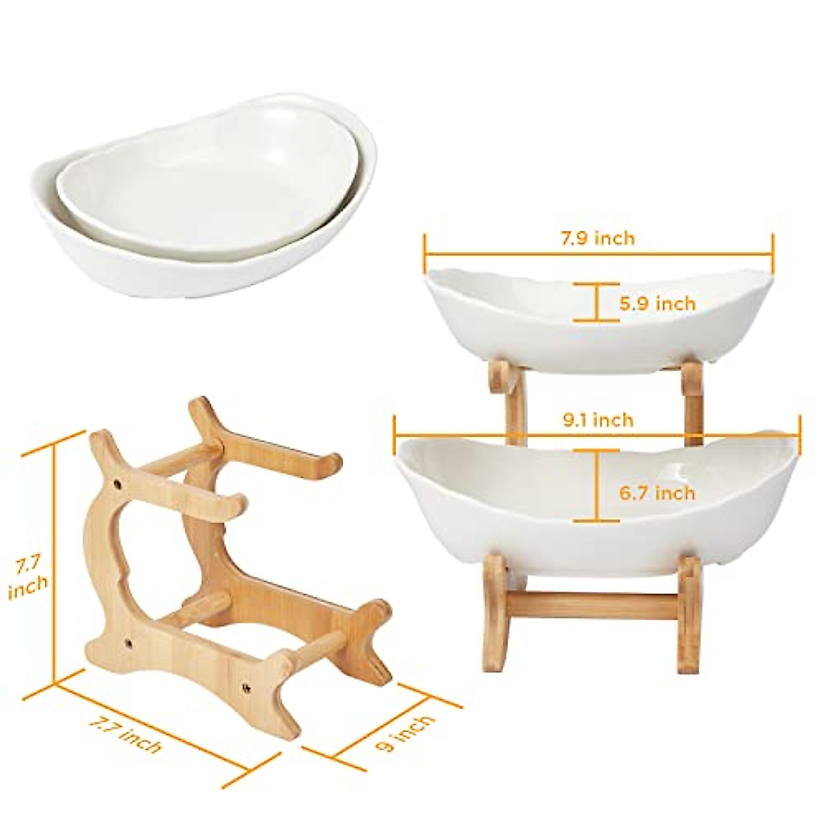 ERFEI Fruit Bowl Oval Ceramic Bowls with Wood Rack Tied Serving Tray Food Display Stand Bowl for Kitchen Counter, Home, Parties (2 tier)