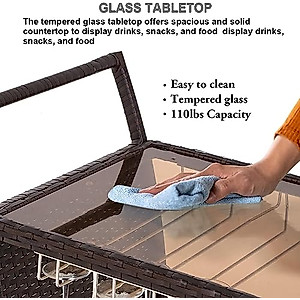 Seogwisam Outdoor Rolling Wicker Bar Cart,Rattan Serving Cart with Removable Ice Bucket,Glass Countertop,Goblet Wine Glass Holders and Storage Compartments, Wicker Bar Cart for Pool, Party, Backyard