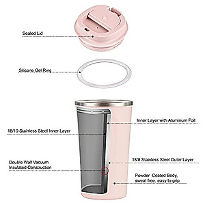PINKAH 17OZ Stainless Steel Coffee Travel Mug On The Go, Double Walled Insulated Vacuum Coffee Tumbler Cup for Hot/Cold Coffee