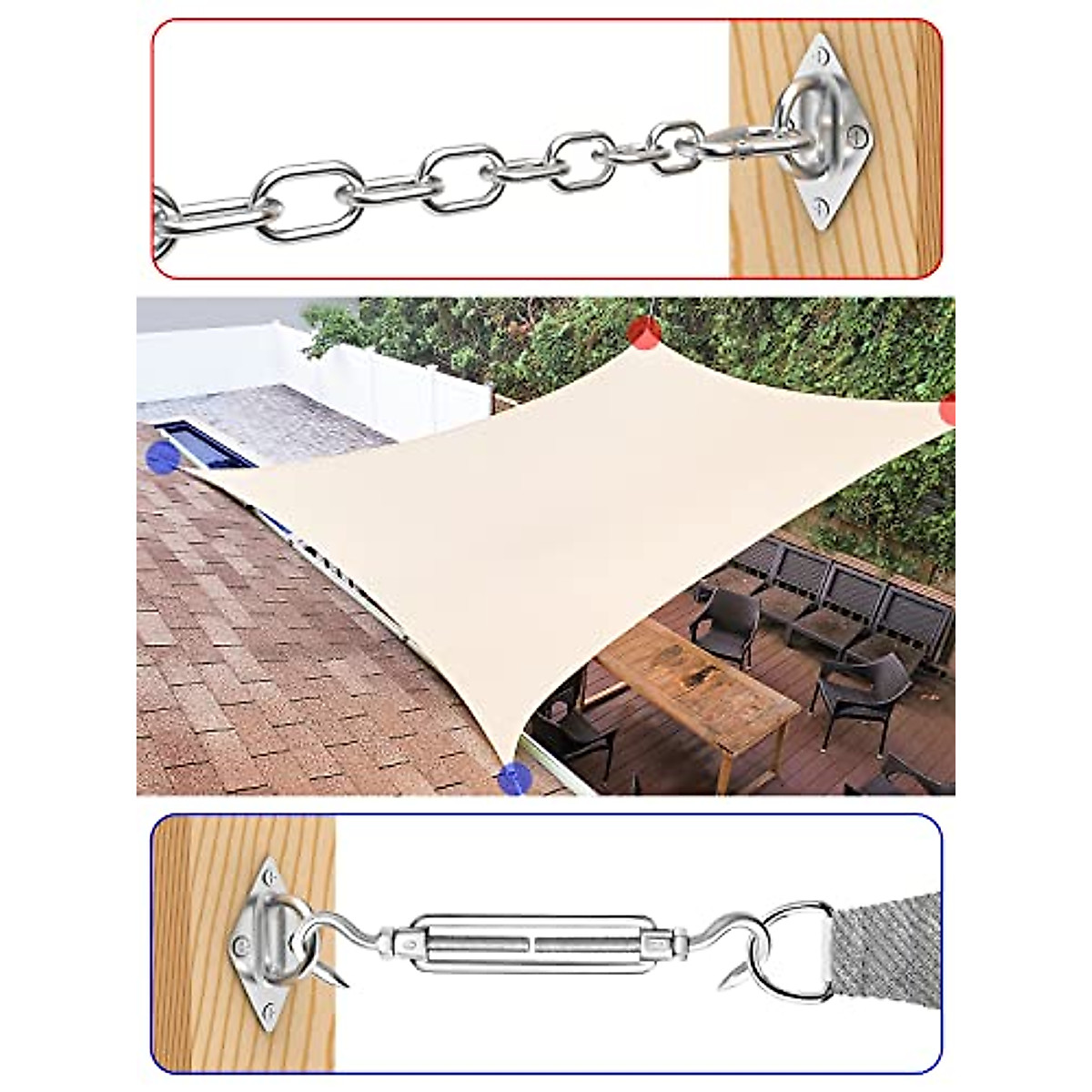 TooTaci Sun Shade Sail Hardware Kit with Chains 1M× 4pcs,Heavy Duty Shade Sail Hardware Kit Rectangle 6 inch with Stainless Steel Hanging Chains 1/8 for Sun Sail Installation,Outdoor Canopy,Pergola