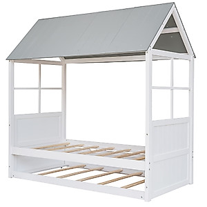 BIADNBZ Twin Size House Bed with Trundle,Wooden Playhouse Platform BedFrame with Roof and Window Design for Kids Teens Boys Girls Bedroom,No Box Spring Needed,White+Gray