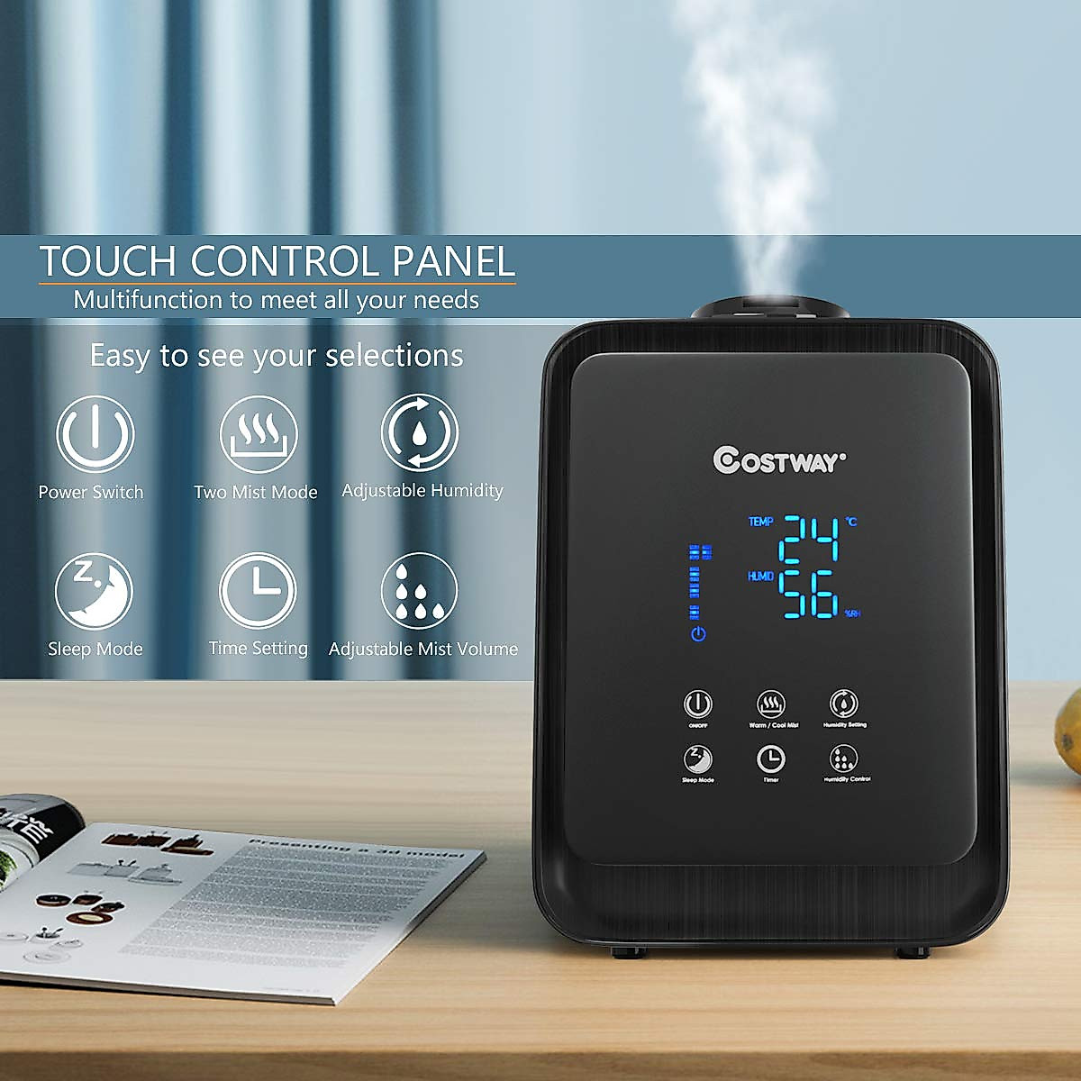 COSTWAY Ultrasonic Air Humidifier, 4.5L/1.2 Gallon, Warm and Cool Mist Humidifier, Whisper-quiet Operation, w/LED Touch Display and Remote Control, for Bedroom, Living room, and Baby room (Black)