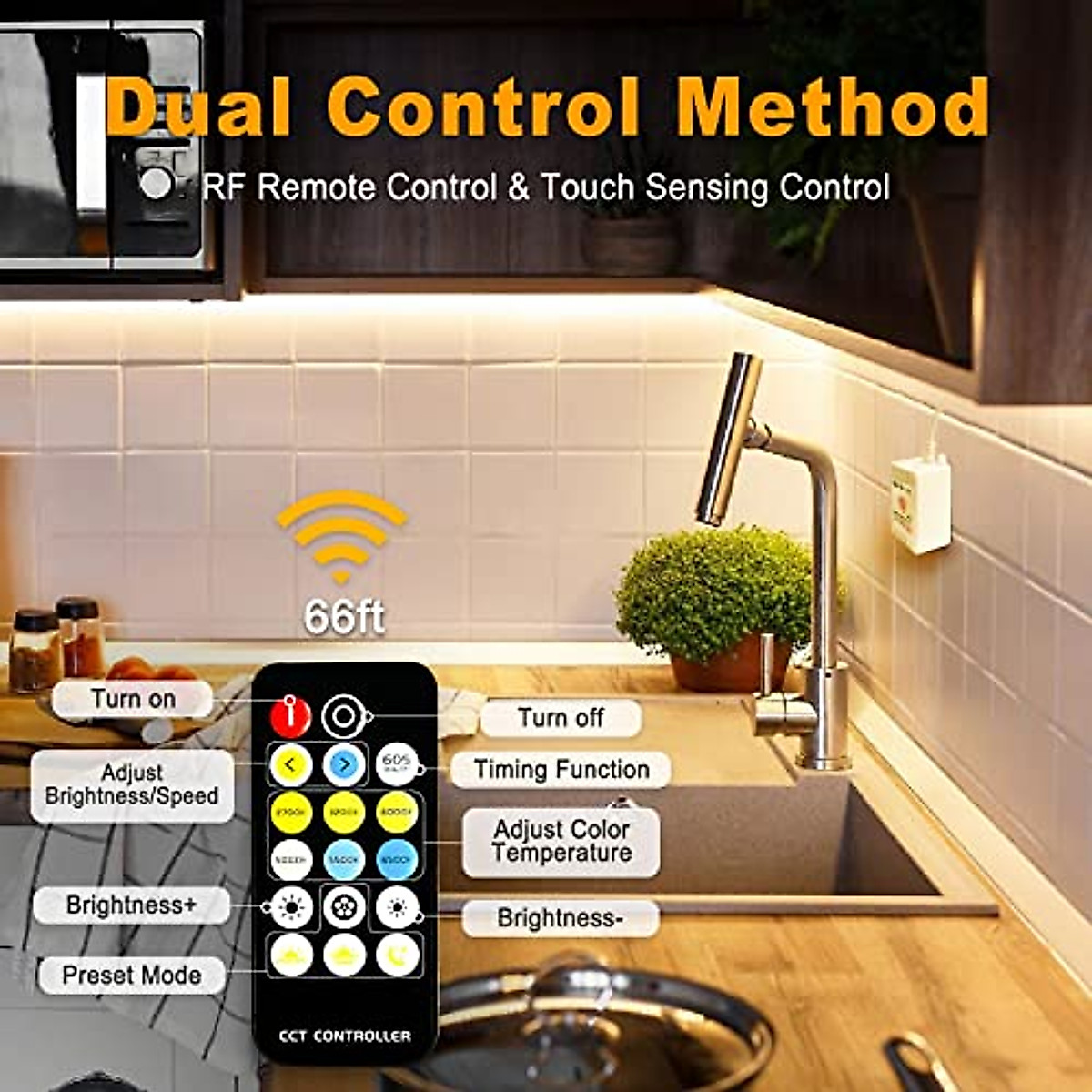 TJOY Under Cabinet Lighting Kit 20FT, 6PCS Dimmable 2700k-6500k Warm White to Daylight Bright LED Strip Light Bars, Touch and RF Remote Control, for Kitchen Cabinet, Counter, Shelf, Bookcase, 2000LM