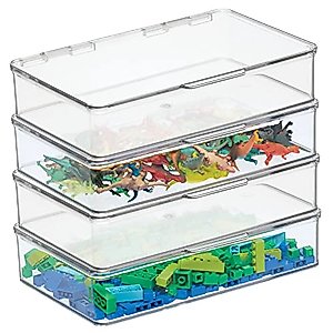 mDesign Plastic Stackable Rectangular Storage Container Bin with Hinged Lid for Organizing Kids Room, Play Room, Nursery; Holds Small Toys, Crayons, Puzzles - 4 Pack - Clear
