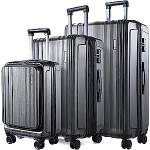 TydeCkare Luggage Set 3 Piece 20/24/28, 20" carry on with Front Pocket & 24/28" with Expandable, ABS+PC Suitcase with 4 Silent Wheels, TSA, YKK, Silver Grey