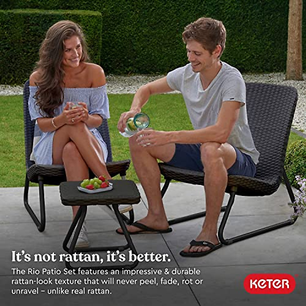 Keter Resin Wicker Patio Furniture Set with Side Table and Outdoor Chairs, Dark Grey