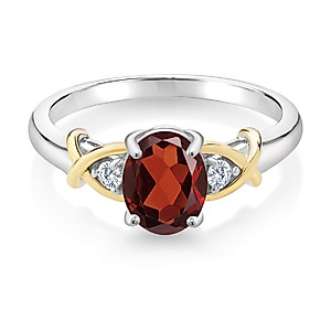 Gem Stone King 2 Tone 10K Yellow Gold and 925 Sterling Silver Red Garnet and White Lab Grown Diamond Ring For Women (1.58 Cttw, Available in Size 5,6,7,8,9)