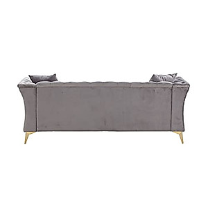 RUNWON 3 Seater 84.6'' Modern Chesterfield Curved Sectional Sofa Tufted Velvet 3 Seat Couch Button Tufed with Scroll Arms and Gold Metal Legs for Small Space Apartment Living Room, Grey